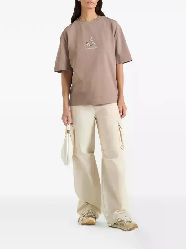 Manière De Voir Maniere De Voir Taupe Cotton T-shirt With Embroidered Eiffel Tower And Floral Motifs - Neutrals