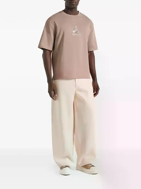 Manière De Voir Maniere De Voir Taupe Cotton T-shirt With Embroidered Eiffel Tower And Floral Motifs - Neutrals