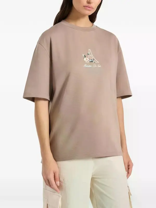 Manière De Voir Maniere De Voir Taupe Cotton T-shirt With Embroidered Eiffel Tower And Floral Motifs - Neutrals