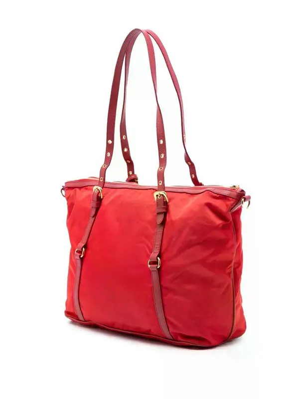 Prada Saffiano Trimmed Tessuto Zip Top Convertible Tote Satchel - Red
