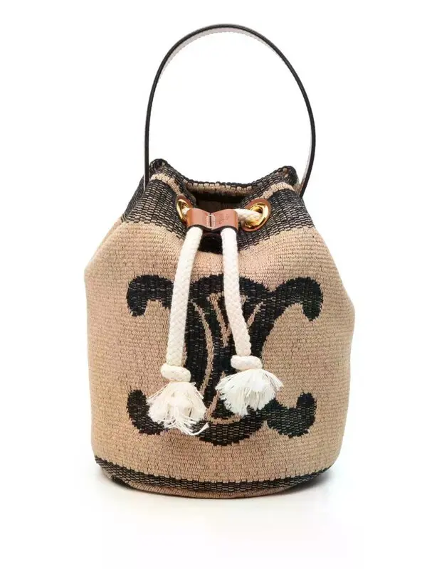 Celine 2022 Small Triomphe Raffia Drawstring Bucket Bag - Brown