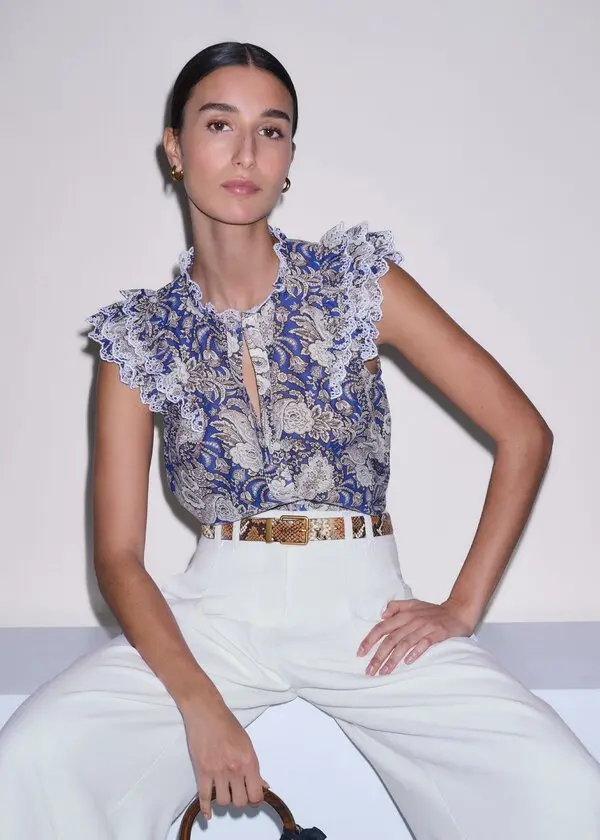 ME+EM Botanical Print Ruffle Blouse - Blue Multi