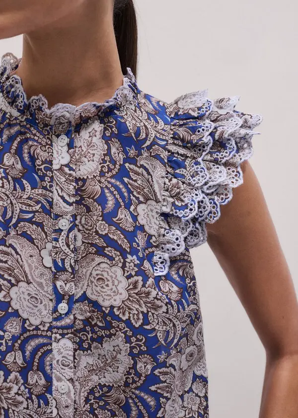 ME+EM Botanical Print Ruffle Blouse - Blue Multi