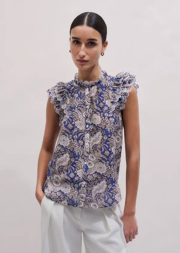 ME+EM Botanical Print Ruffle Blouse - Blue Multi