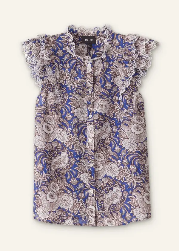 ME+EM Botanical Print Ruffle Blouse - Blue Multi