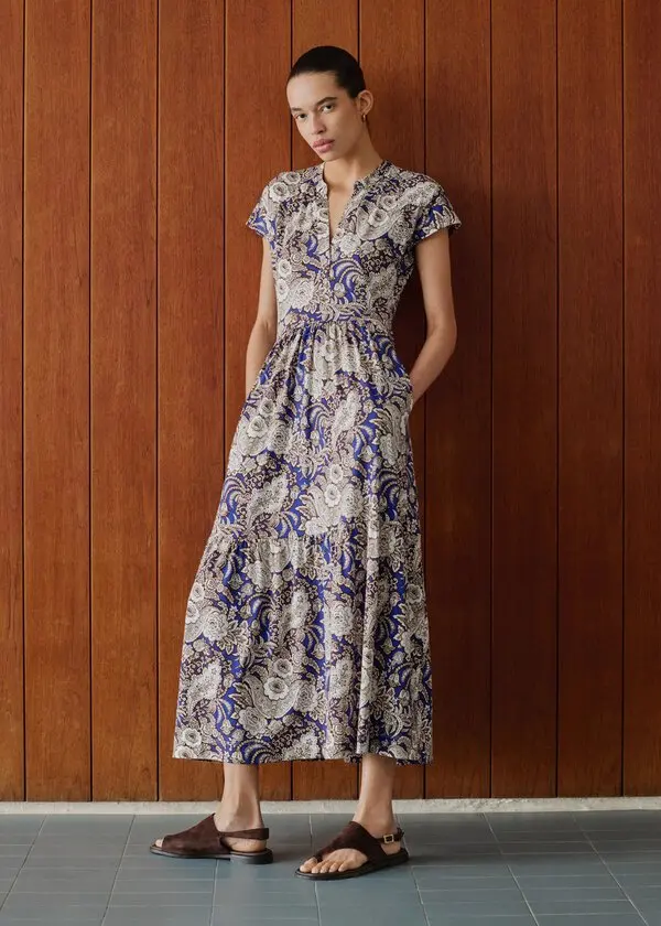 ME+EM Botanical Print Tiered Maxi Slub Dress - Blue Multi