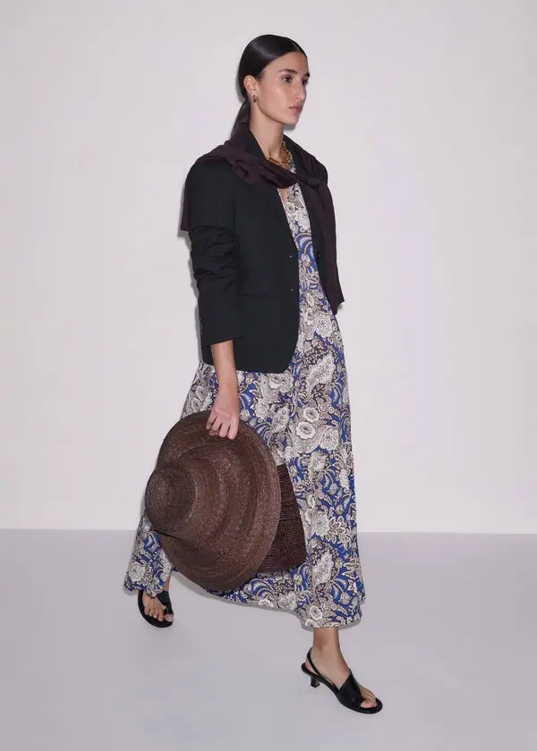 ME+EM Botanical Print Tiered Maxi Slub Dress - Blue Multi