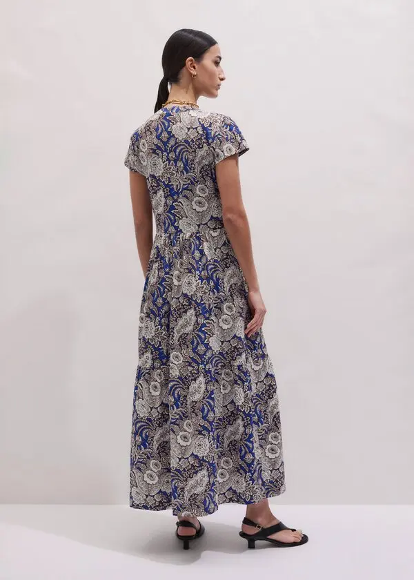 ME+EM Botanical Print Tiered Maxi Slub Dress - Blue Multi