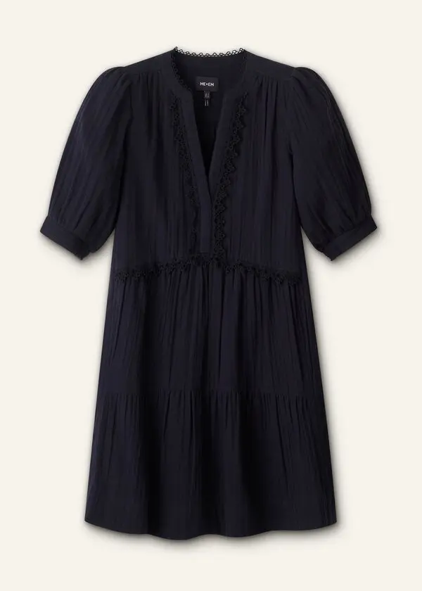cheesecloth pleat detail swing dress Me+Em Cheesecloth Swing Dress With Lace Details - Navy