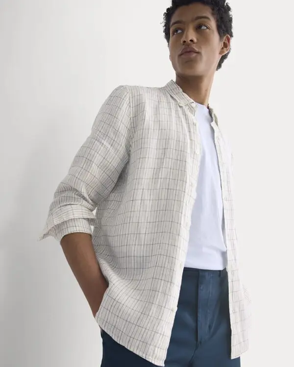 Everlane Classic Shirt, Linen Size - Bone Plaid