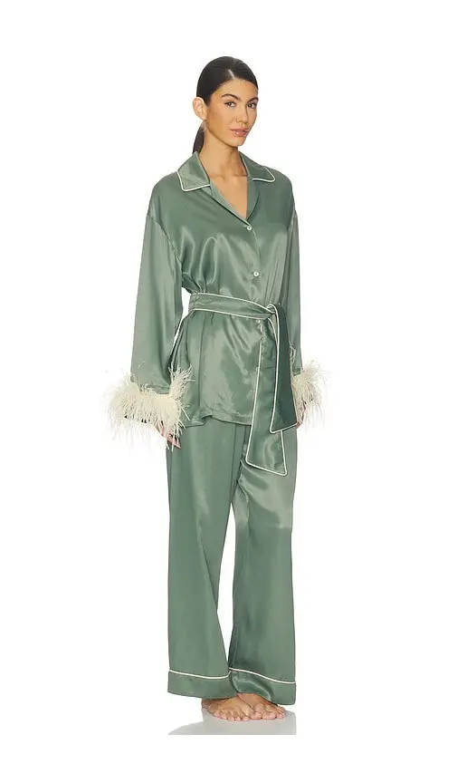 Sleeper Miss Cat Belted Set With Detachable Feathers In Sage