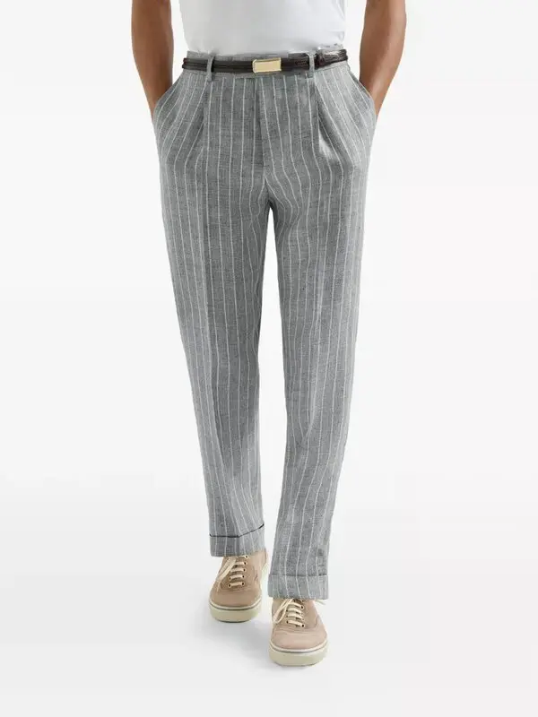 Brunello Cucinelli Chalk Stripe Linen Twill Trousers With Pleat