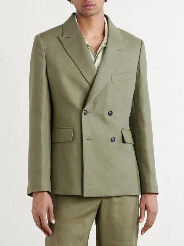 BODE Linen Double-breasted Blazer - Green