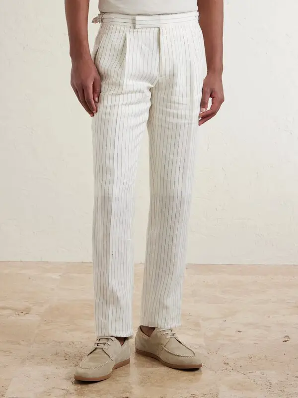 Mr P. Tapered Pleated Pinstriped Linen Suit Trousers