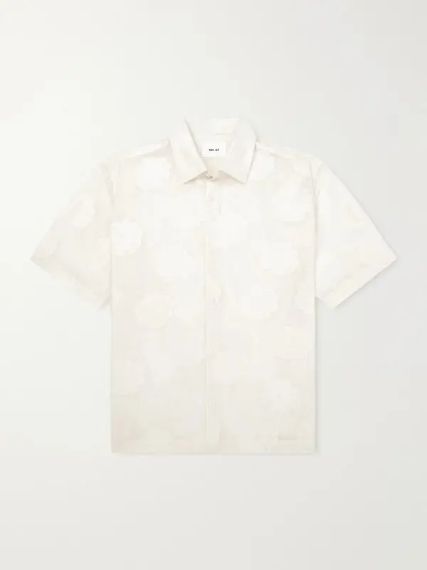 Nn07 Freddy 50045 Floral-embroidered Organic Cotton-blend Shirt - Neutrals