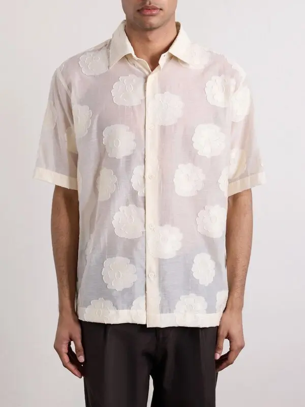 Nn07 Freddy 50045 Floral-embroidered Organic Cotton-blend Shirt - Neutrals