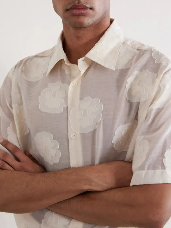 Nn07 Freddy 50045 Floral-embroidered Organic Cotton-blend Shirt - Neutrals