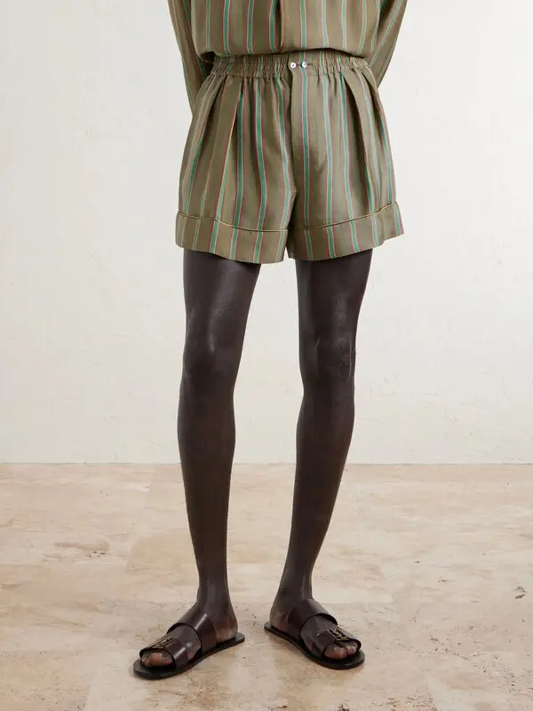 Saint Laurent Wide-leg Striped Recycled-twill Shorts - Green