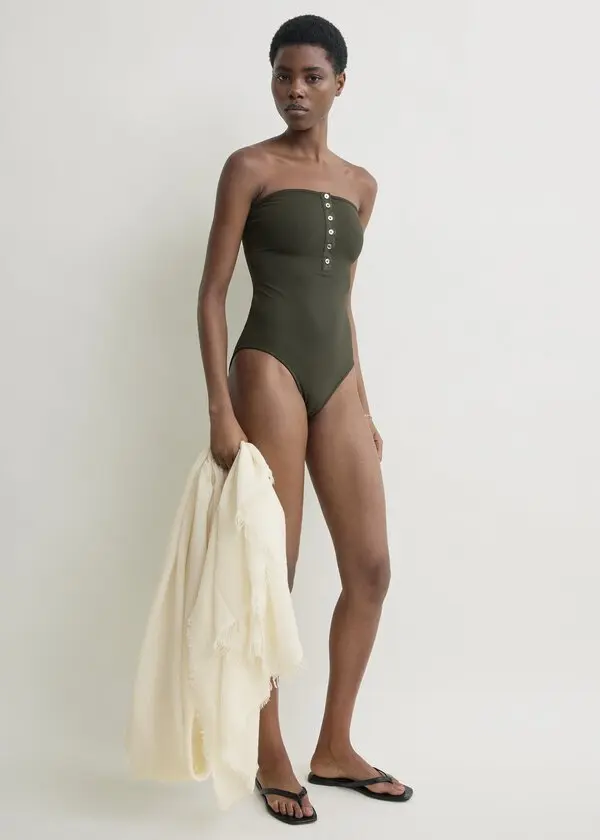 TOTEME Ribbed Strapless One Piece Swimsuit - Dark Green
