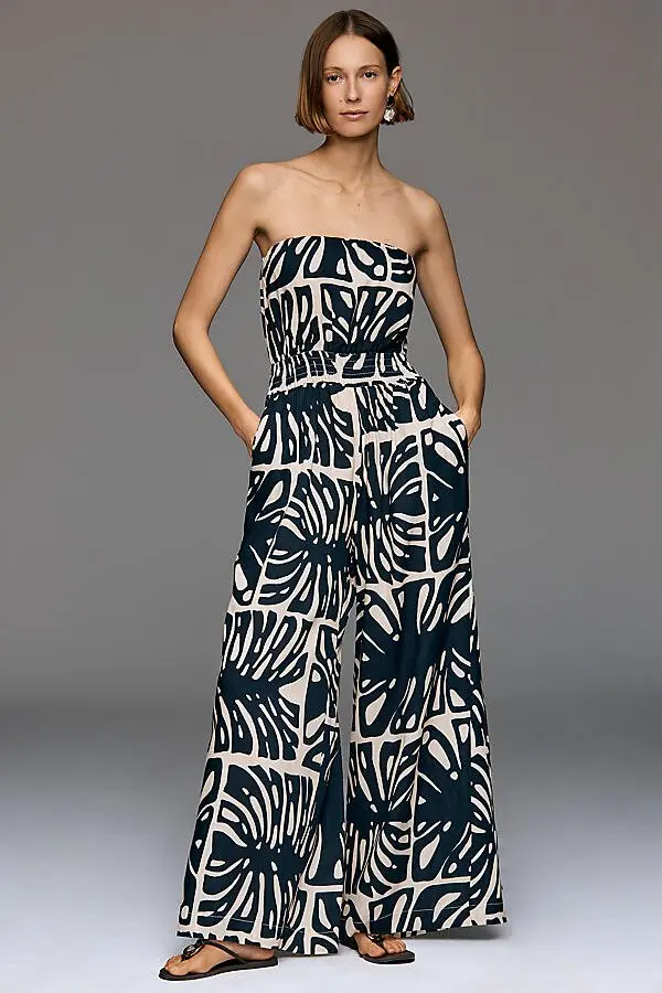 CACAY Printed Strapless Wide-leg Jumpsuit - Dark Blue