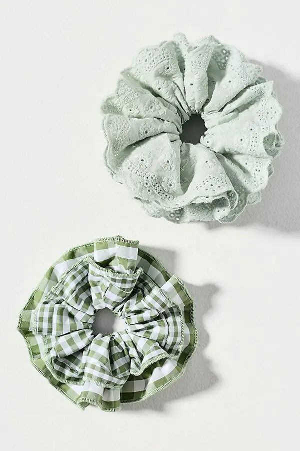 Anthropologie Eyelet & Gingham Scrunchie Set - Lime