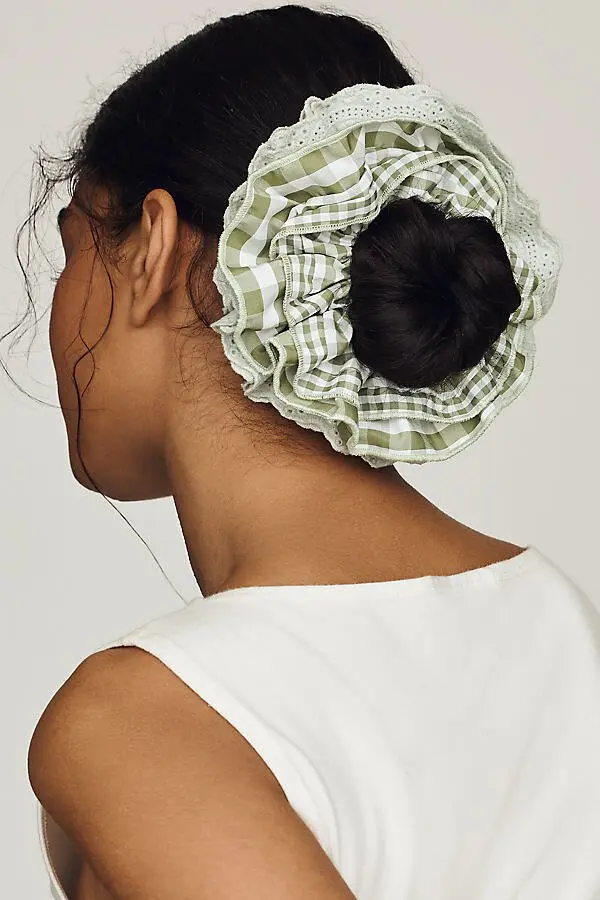 Anthropologie Eyelet & Gingham Scrunchie Set - Lime