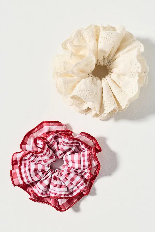 Anthropologie Eyelet & Gingham Scrunchie Set - Red