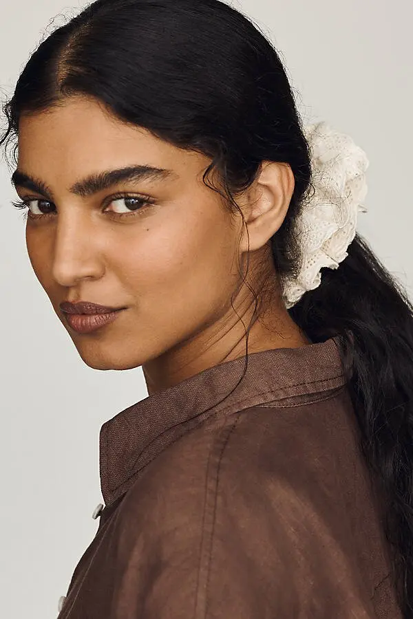 Anthropologie Eyelet & Gingham Scrunchies Set Of 2 - Red