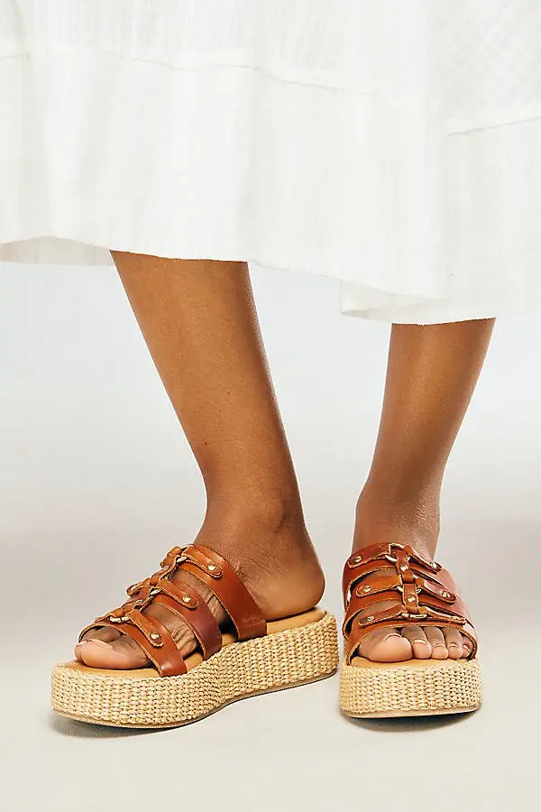 Anthropologie Studded Multi-strap Slide Sandals - Tan Raffia