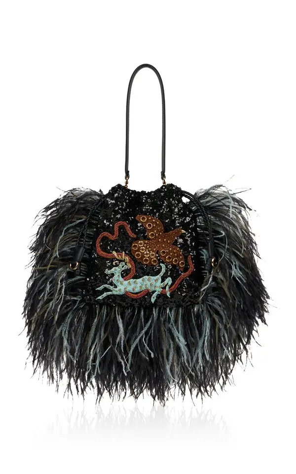 Etro Kalispera Shoulder Bag With Feathers And Embroidery - Black