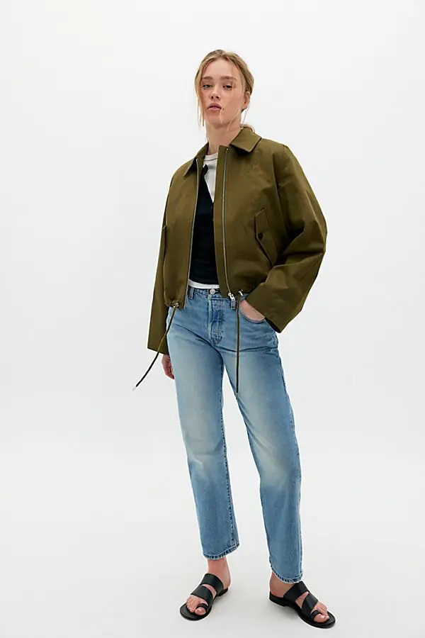Closed Sportive Blouson Jacket With Drawstring Waist - Deep Olive
