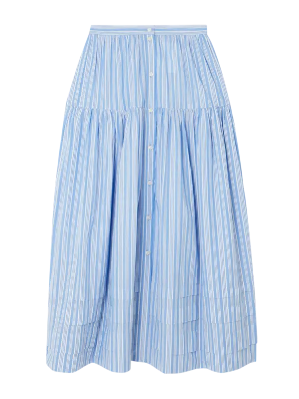 DÔEN Marceline Tiered Striped Organic Cotton Midi Skirt - Blue