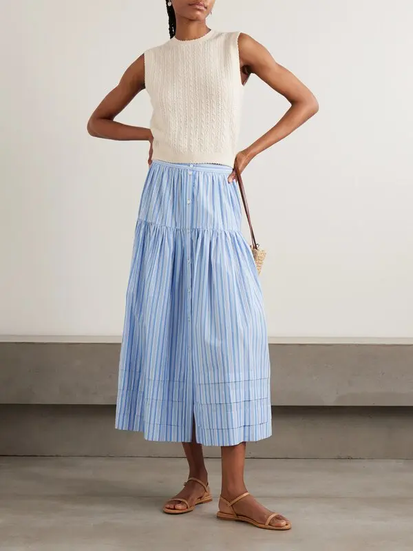 DÔEN Marceline Tiered Striped Organic Cotton Midi Skirt - Blue