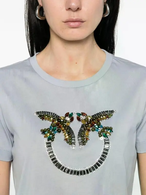 Pinko Embellished Cotton T-shirt With Love Birds Jewel Embroidery