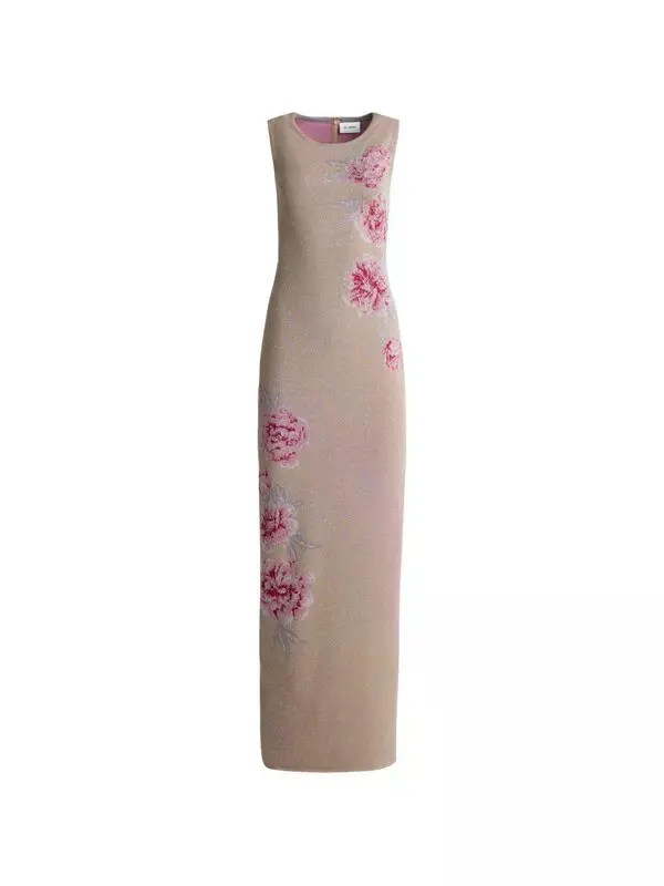 St. John Gianna Metallic Floral Jacquard Knit Dress - Neutrals