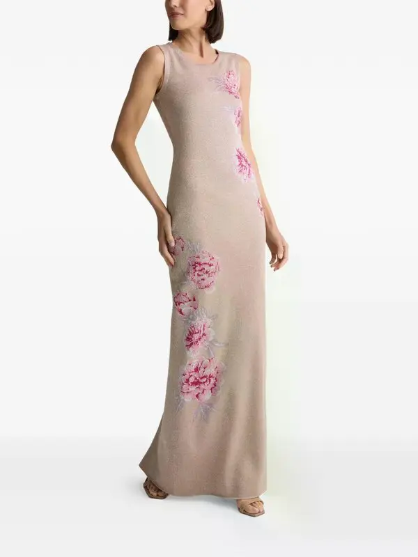 St. John Gianna Metallic Floral Jacquard Knit Dress - Neutrals