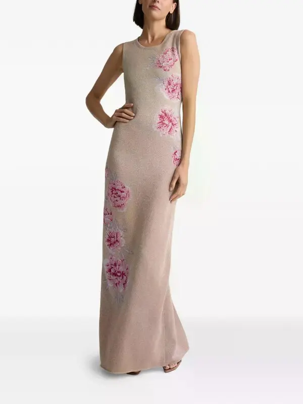 St. John Gianna Metallic Floral Jacquard Knit Dress - Neutrals
