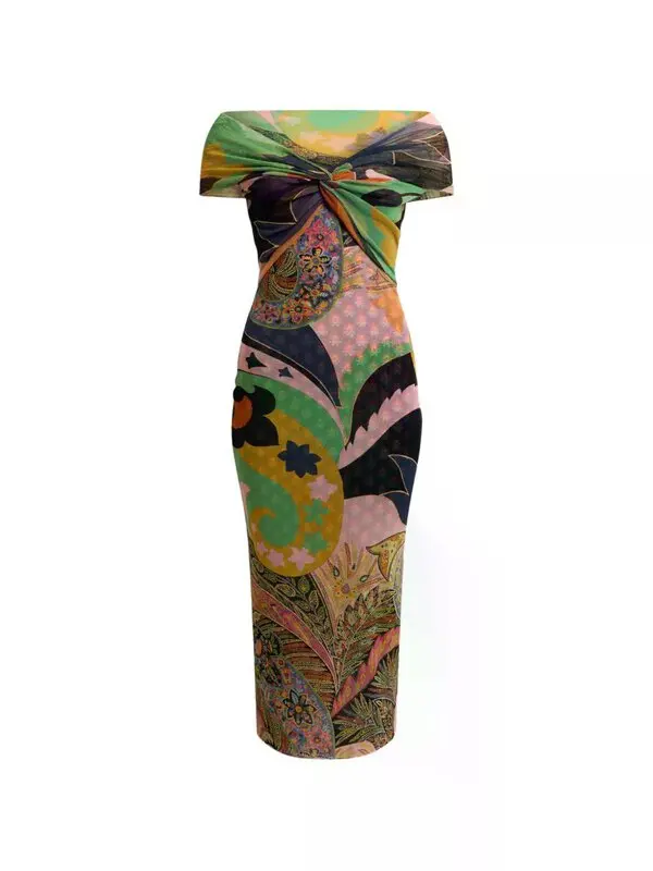 Etro Tulle Midi Dress With Open Shoulders And Two Prints