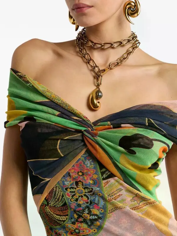 Etro Tulle Midi Dress With Open Shoulders And Two Prints