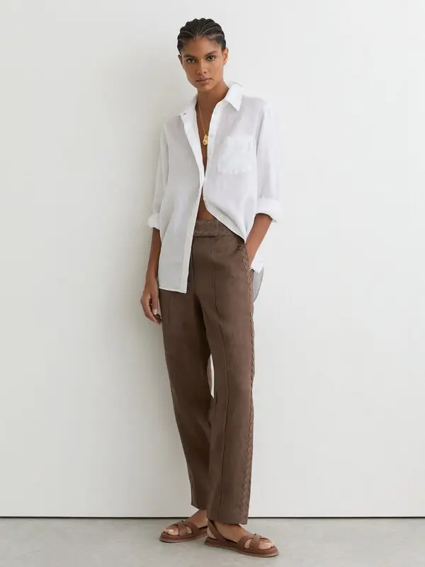 REISS Tapered Linen Trousers With Wave Trim - Brown