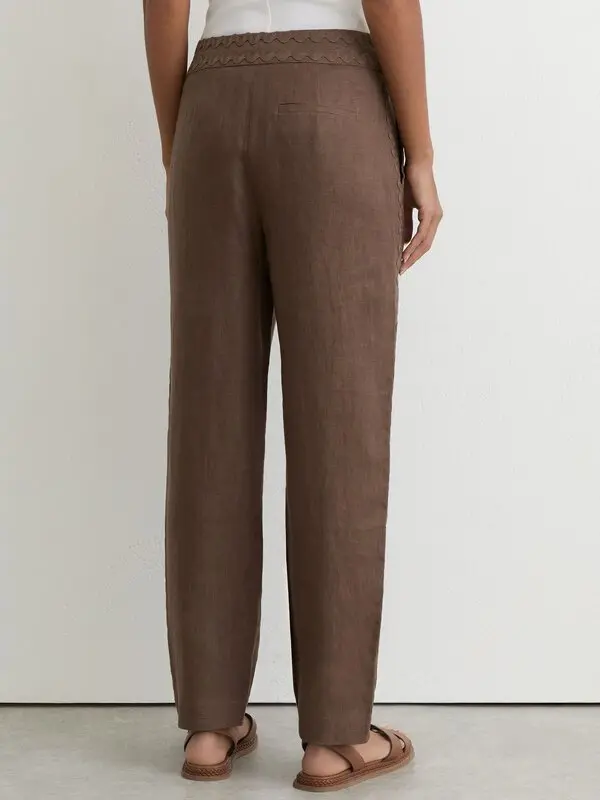 REISS Tapered Linen Trousers With Wave Trim - Brown