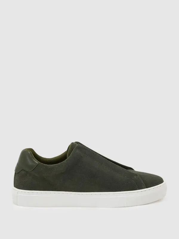 REISS Emil Suede Slip-on Trainers - Pine Green
