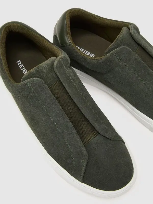 REISS Emil Suede Slip-on Trainers - Pine Green
