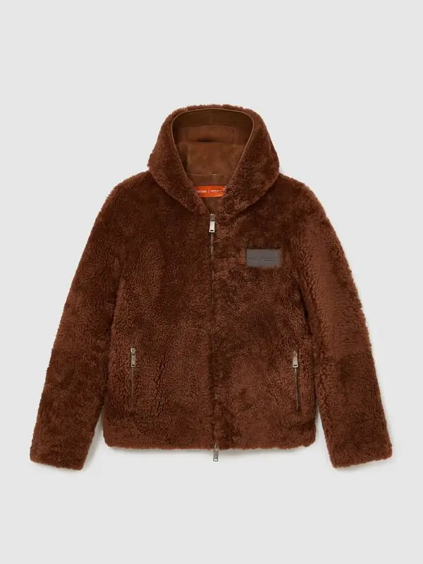 REISS Racing Shearling Hooded Jacket - Brown