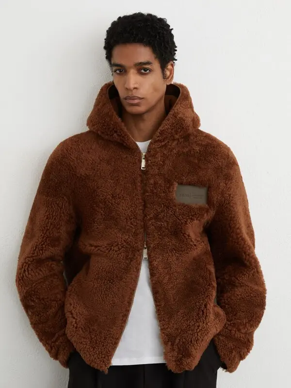 REISS Racing Shearling Hooded Jacket - Brown