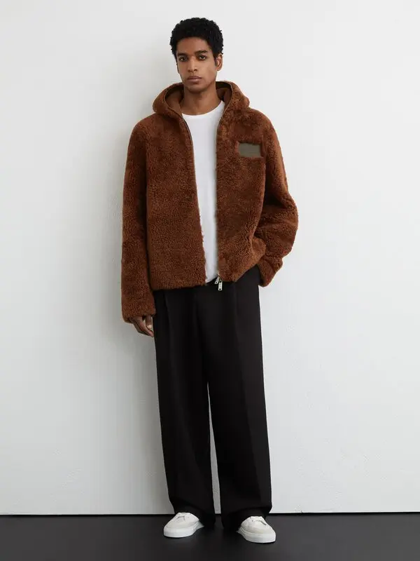 REISS Racing Shearling Hooded Jacket - Brown