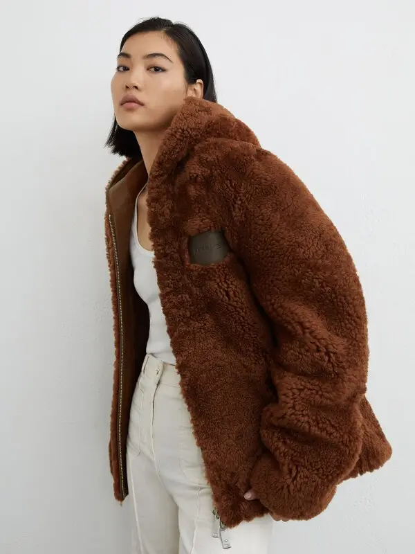REISS Racing Shearling Hooded Jacket - Brown