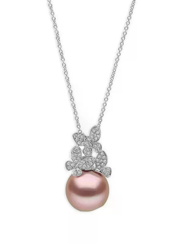 Yoko London Butterfly Diamond And Pearl Pendant - Silver