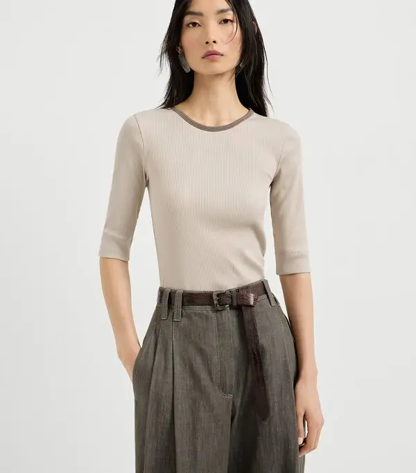 Brunello Cucinelli Stretch-cotton Ribbed T-shirt - Brown