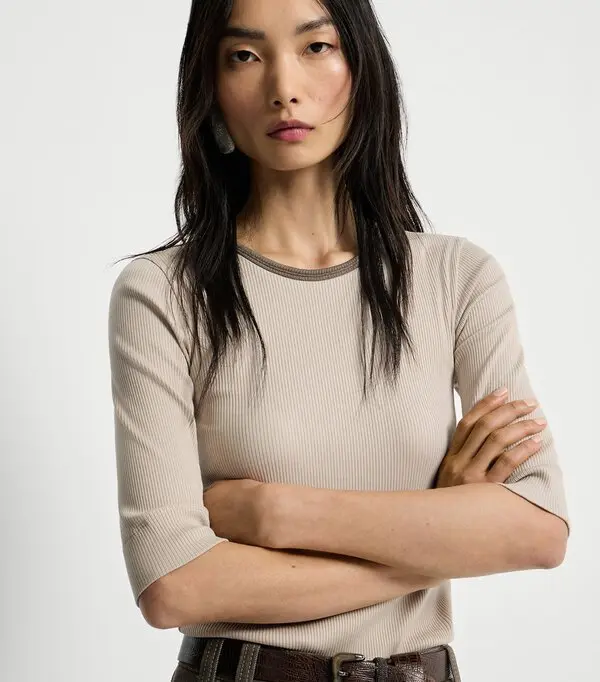 Brunello Cucinelli Stretch-cotton Ribbed T-shirt - Brown